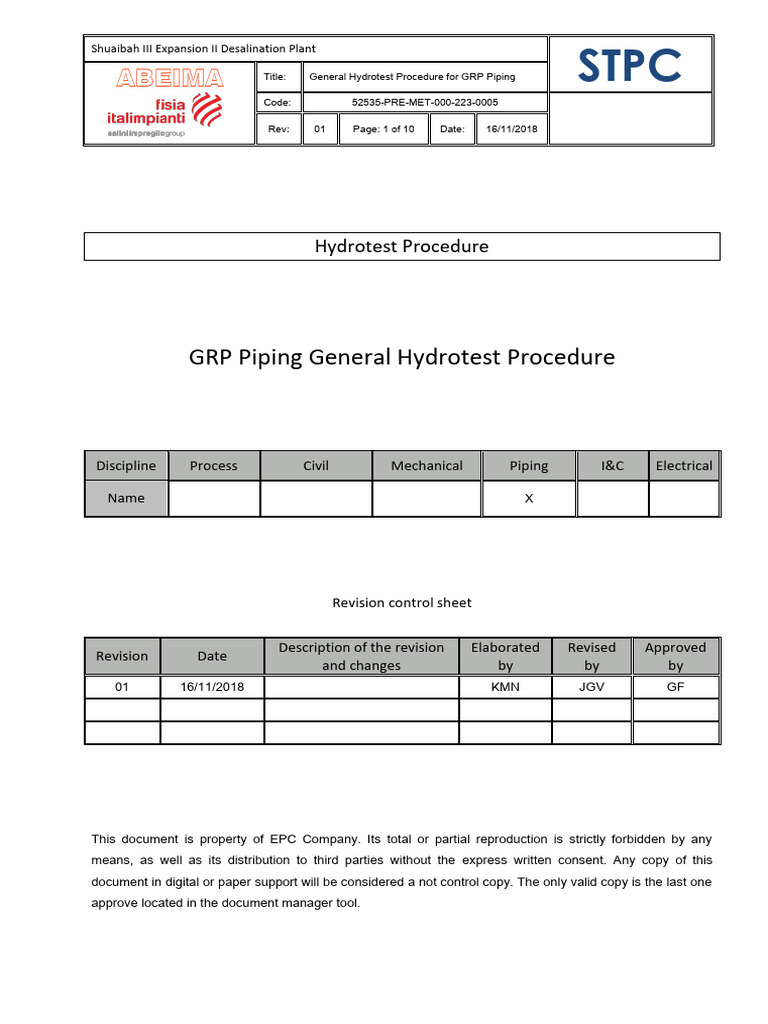 GRP PIPE General Hydrotest Procedure | PDF | Leak | Pipe (Fluid Conveyance)