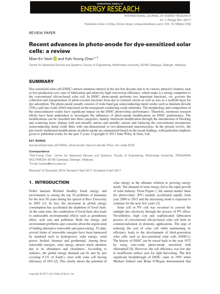 Recent Advances in Photo-Anode for Dye-sensitized Solar Cells | PDF ...