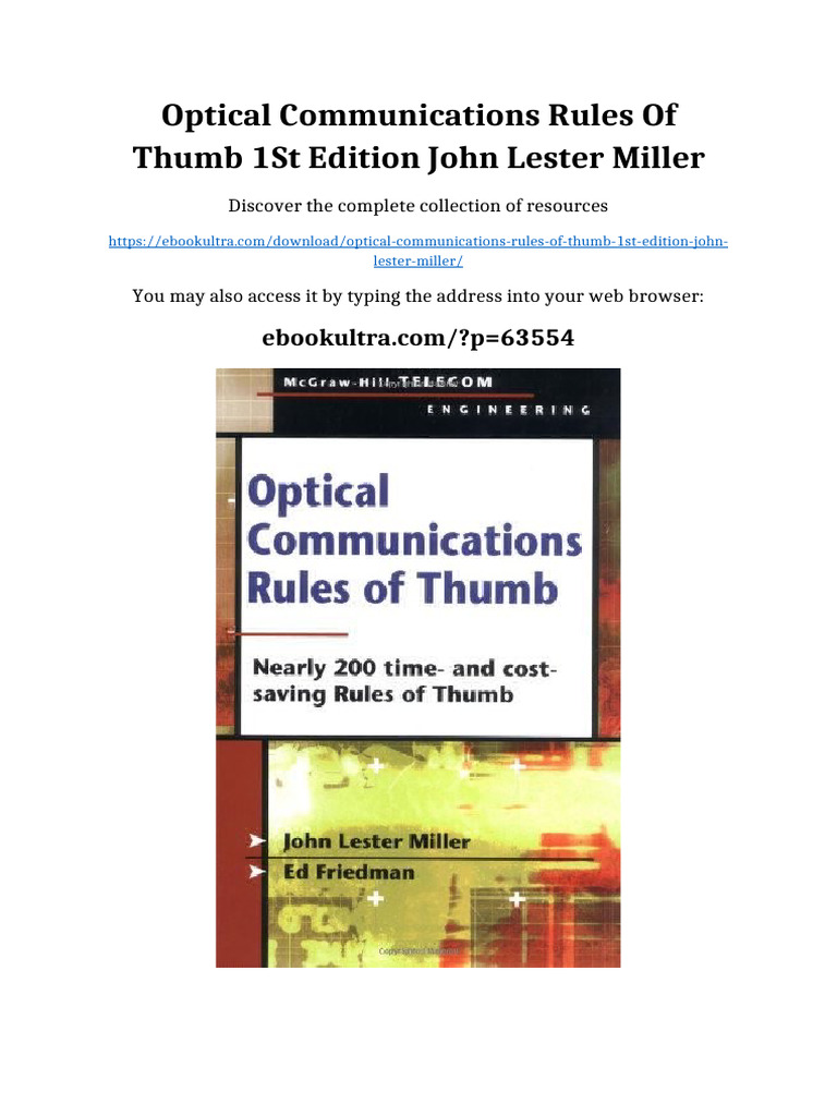 Optical Communications Rules of Thumb 1st Edition John Lester Miller ...