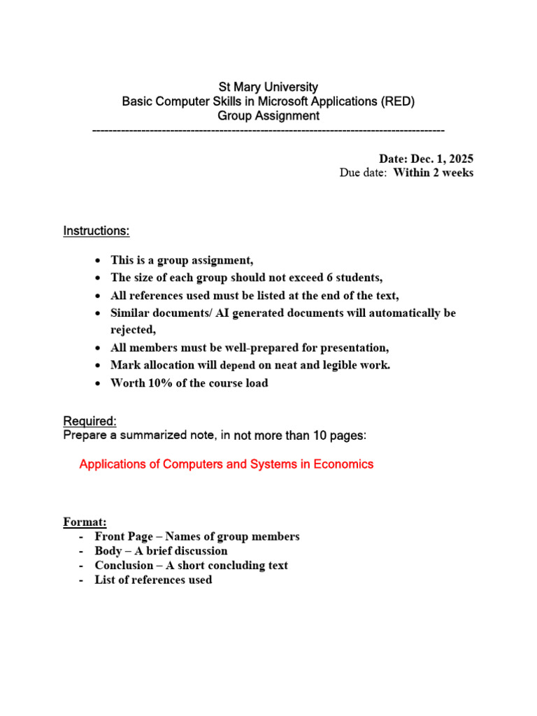 Basic Computer Applications in MS Apps - RED - Assignment | PDF