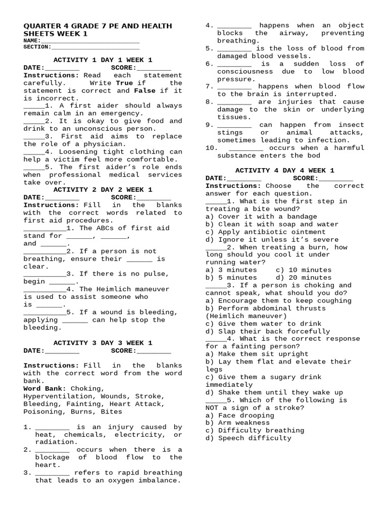 Quarter 4 Grade 7 Pe and Health Sheets Las | PDF | Joint | Diseases And ...
