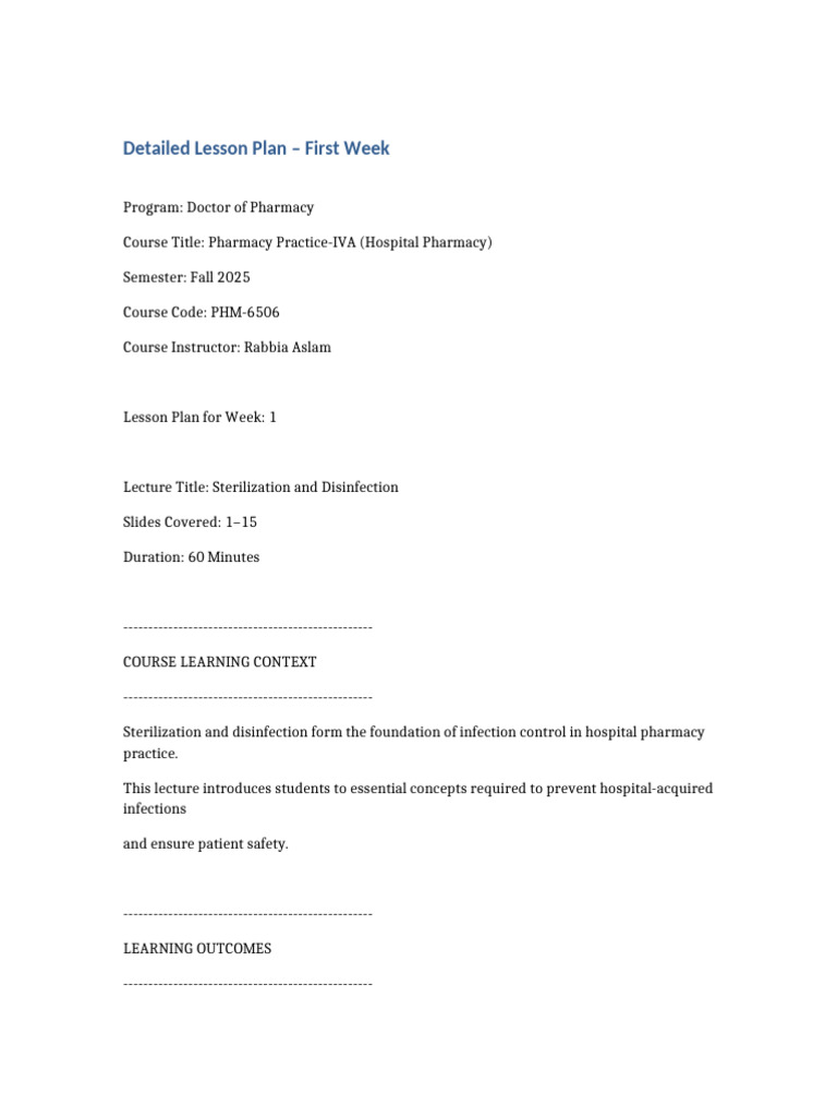 Week 1 Detailed Lesson Plan Sterilization and Disinfection | PDF ...
