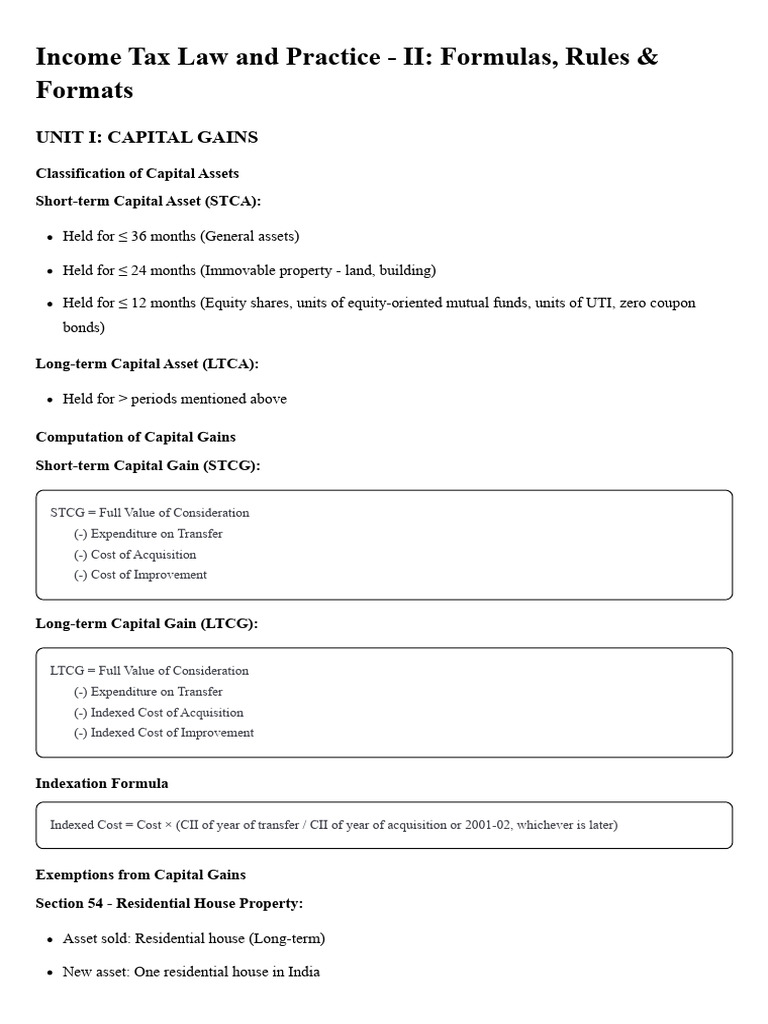Income Tax Law Formulas & Rules - Semester VI | PDF | Capital Gain ...