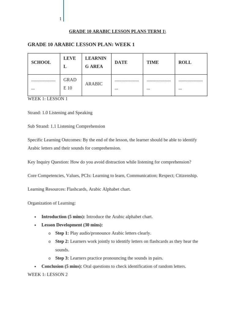 Grade 10 Term 1 Arabic Lesson Plans | PDF | Reading Comprehension | Plural
