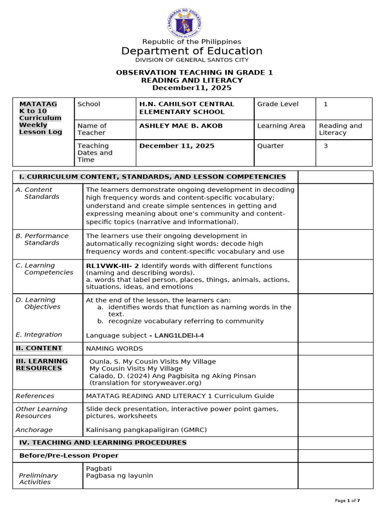 Reading and Literacy COT | PDF