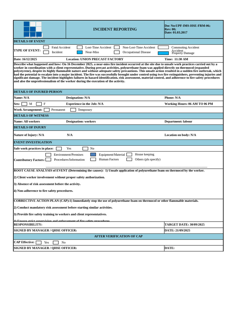 Near Miss Fire Hazard Report - Health & Safety Documentation | PDF ...