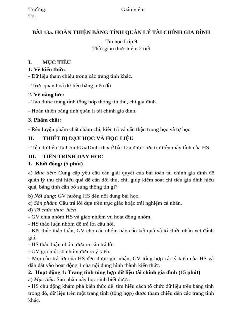 Bai 13a Hoan Thien Bang Tinh Quan Li Tai Chinh Gia Dinh | PDF