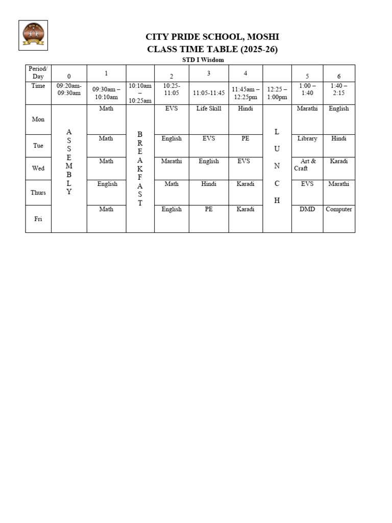 Class Time Table 1 Wisdom | PDF