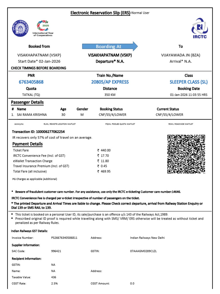 20805/AP EXPRESS Sleeper Class (SL) | PDF | Identity Document | Payments