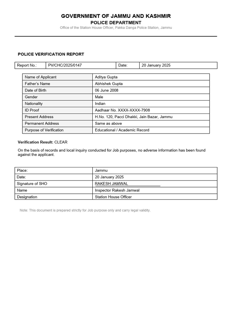 Police Verification Report SAMPLE State Letterhead | PDF