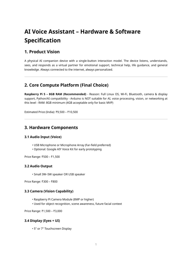 Ai Voice Assistant Hardware & Software Specification | PDF | Raspberry ...