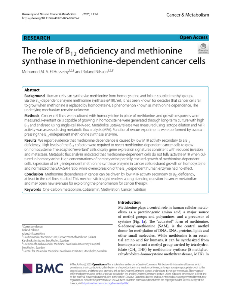 The Role of B12 Deficiency and Methionine Synthase in Methionine ...