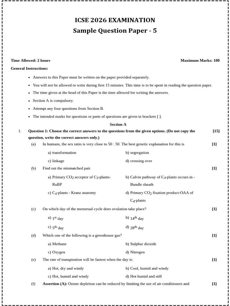 Biology Sample Paper ICSE (2026) | PDF | Homo | Chloroplast