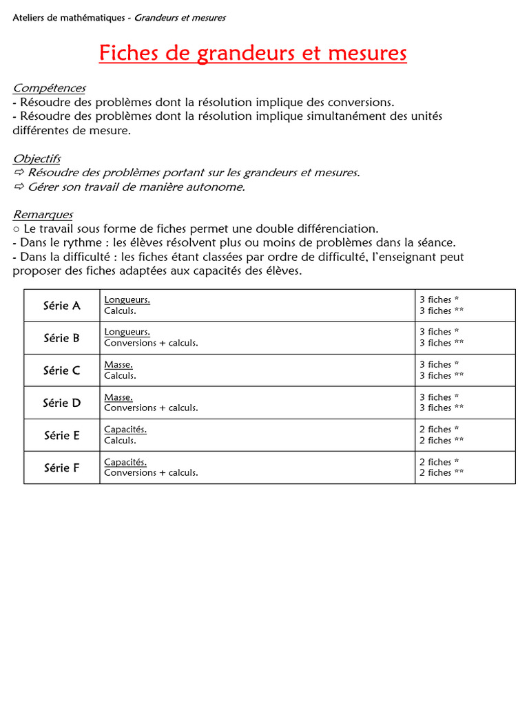 Fiches de Grandeurs Et Mesures | PDF