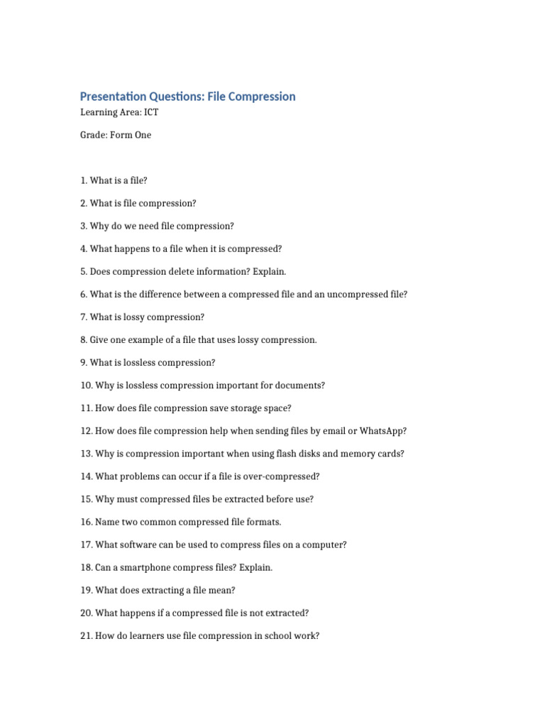File Compression Presentation Questions Form One ICT | PDF