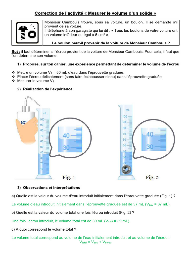 Activité Mesurer Le Volume Dun Solide Correction | PDF