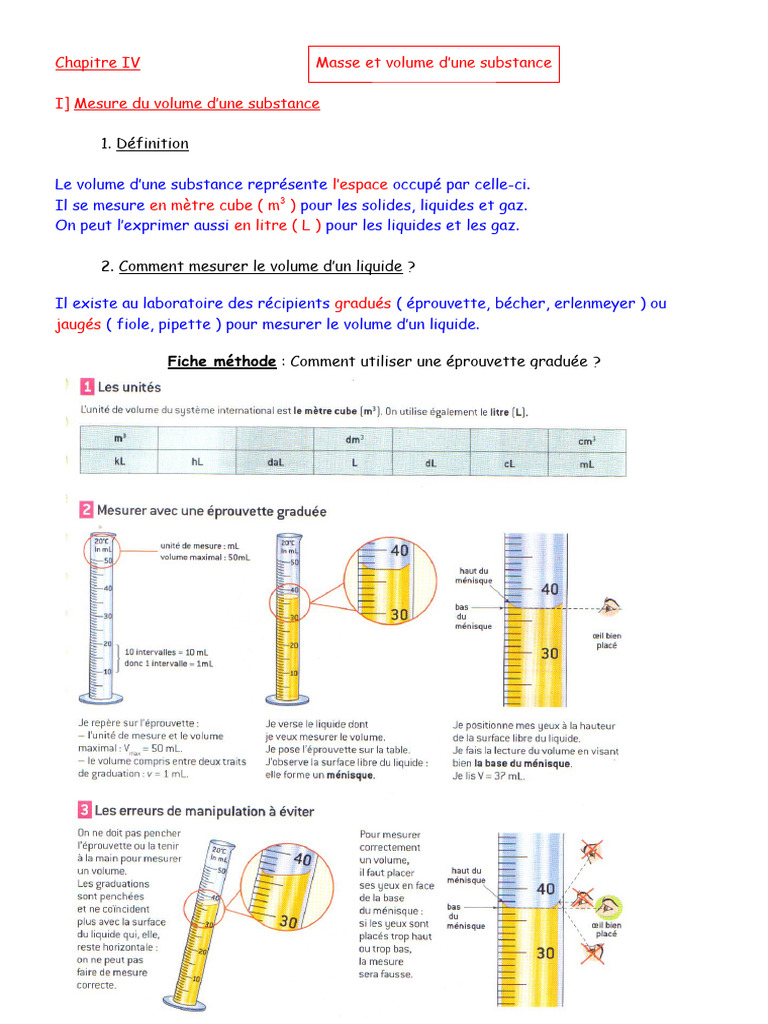 Chapitre Iv Masse Et Volume Dune Substance Pdf Le Volume Kilogramme 9349