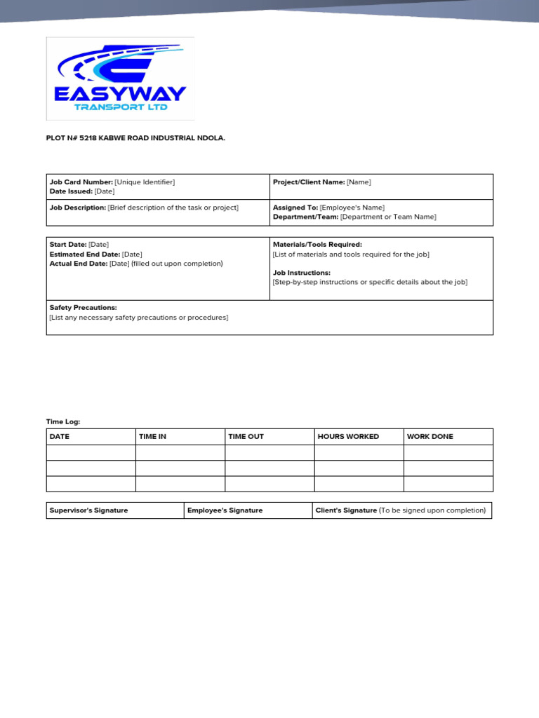 Job Card Format Template | PDF