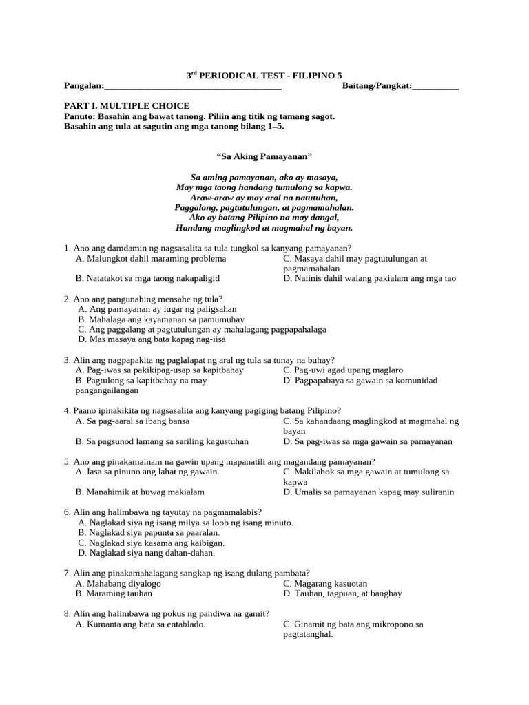 DTC - PT - q3 Filipino 5 Matatag With Tos Key | PDF
