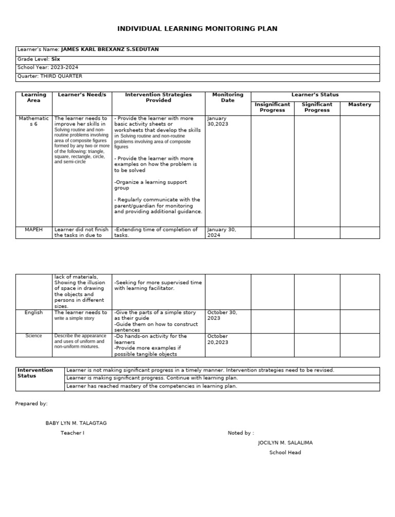 ILMP Sample | PDF | Learning | Area