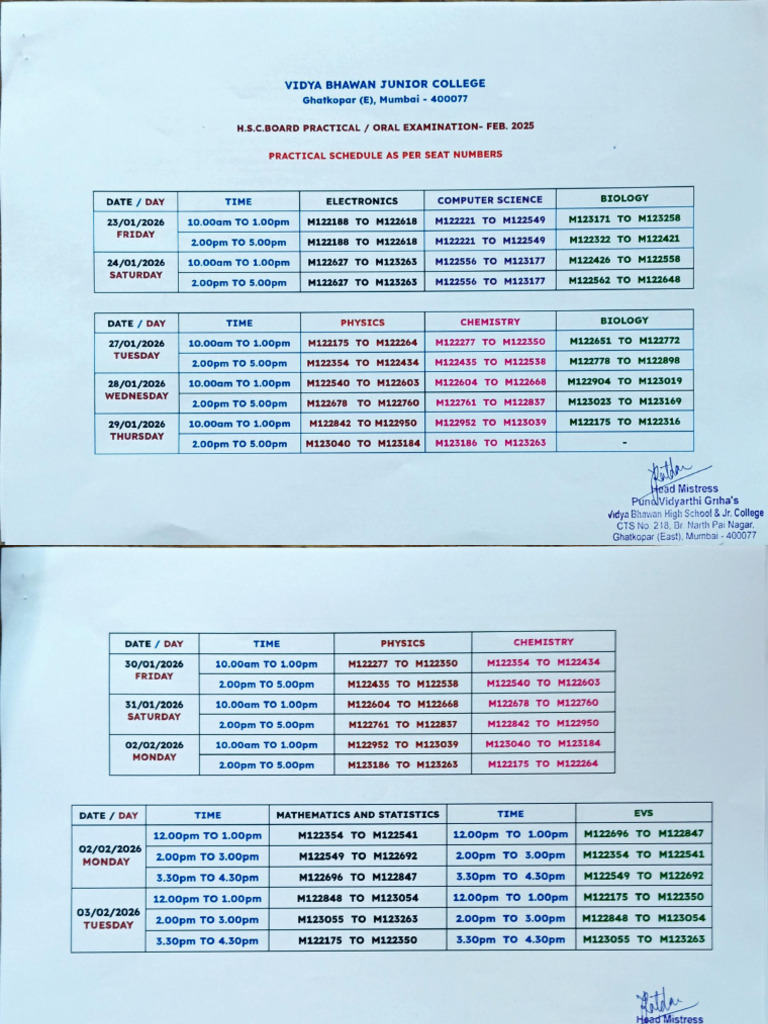 HSC Board Practical - Oral Time Table | PDF