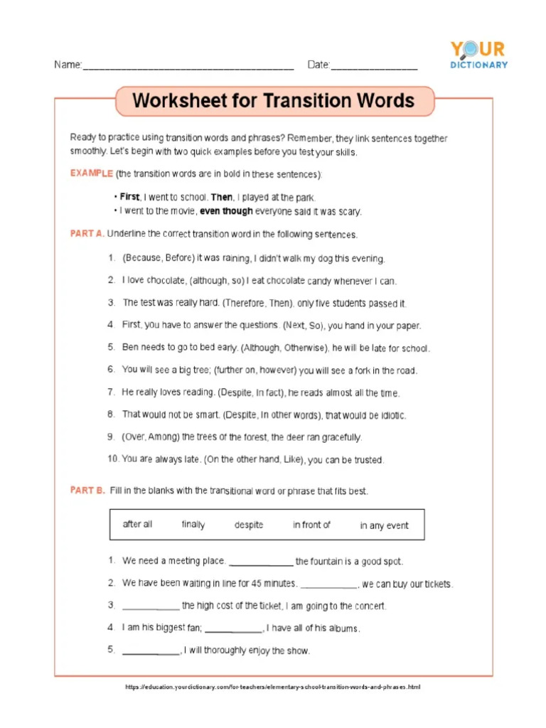 Transition Words Worksheet | PDF