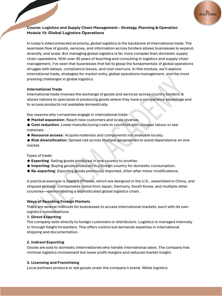 Module 13 - Global Logistics Operations | PDF | Logistics | Supply Chain