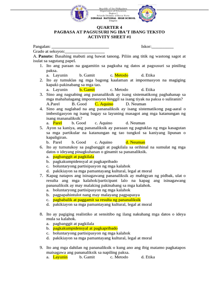 Q4. Pagbasa Activity Sheet 1 2 MDL | PDF