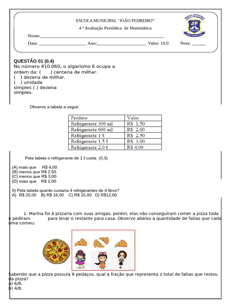 Avaliação de Matemática 4 Periodo | PDF