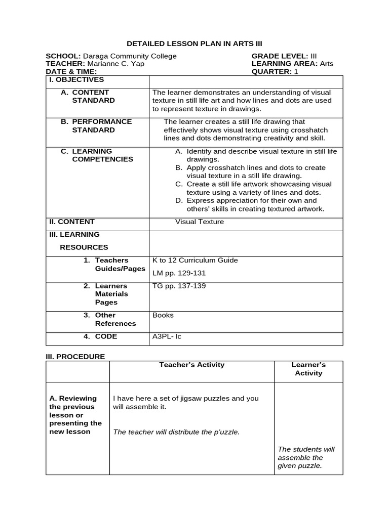 Detailed Lesson Plan in Arts 3 | PDF | Drawing | Learning