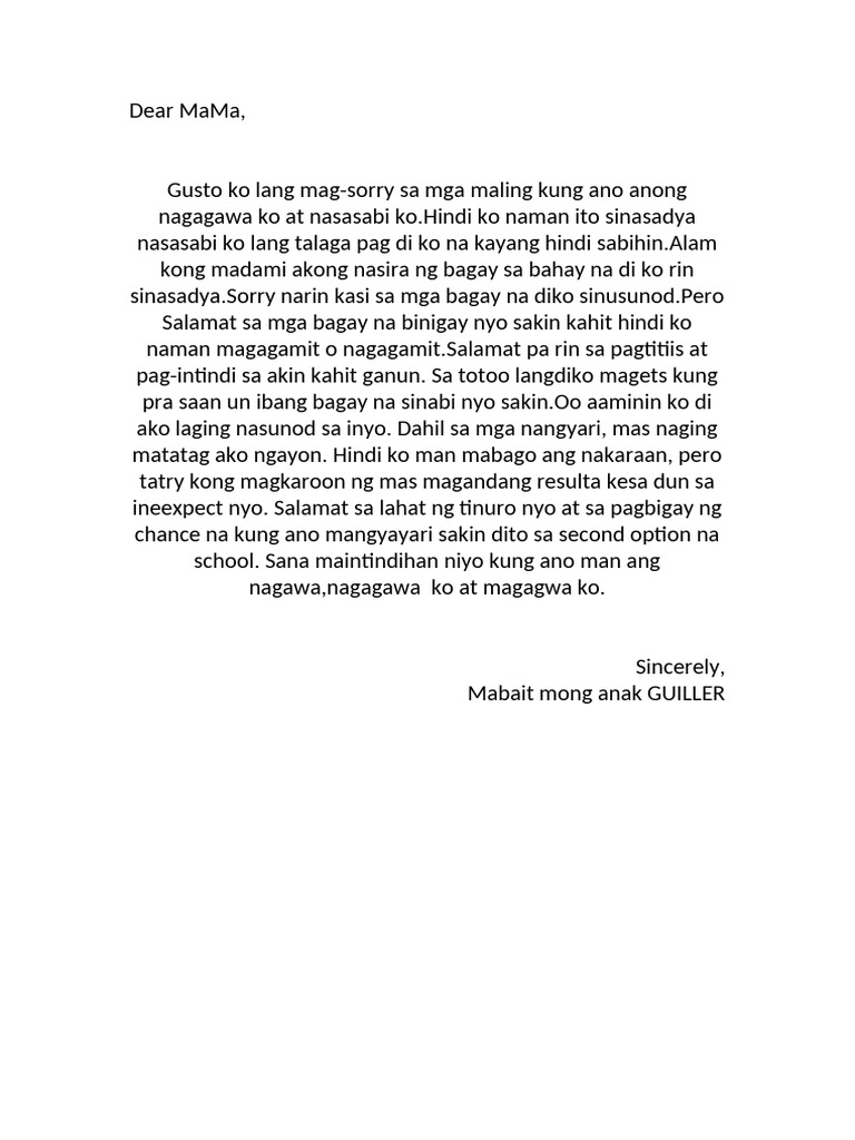 Letter For Filipino 8 | PDF