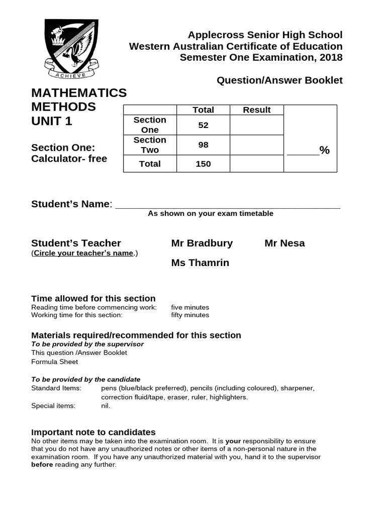 Year 11 Mathematics Methods Section 1 Semester 1 Examination 2018 | PDF ...