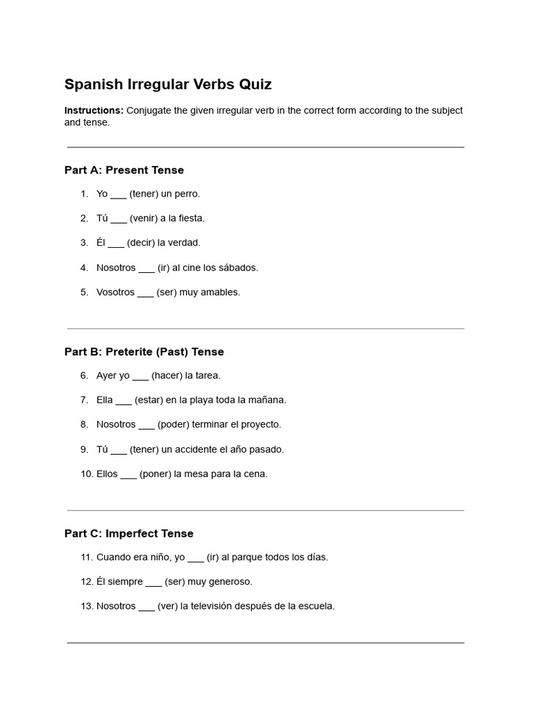 Spanish Irregular Verbs Quiz | PDF