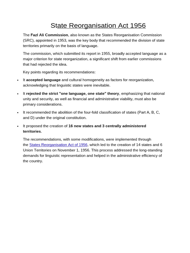 State Reorganisation Act 1956 | PDF