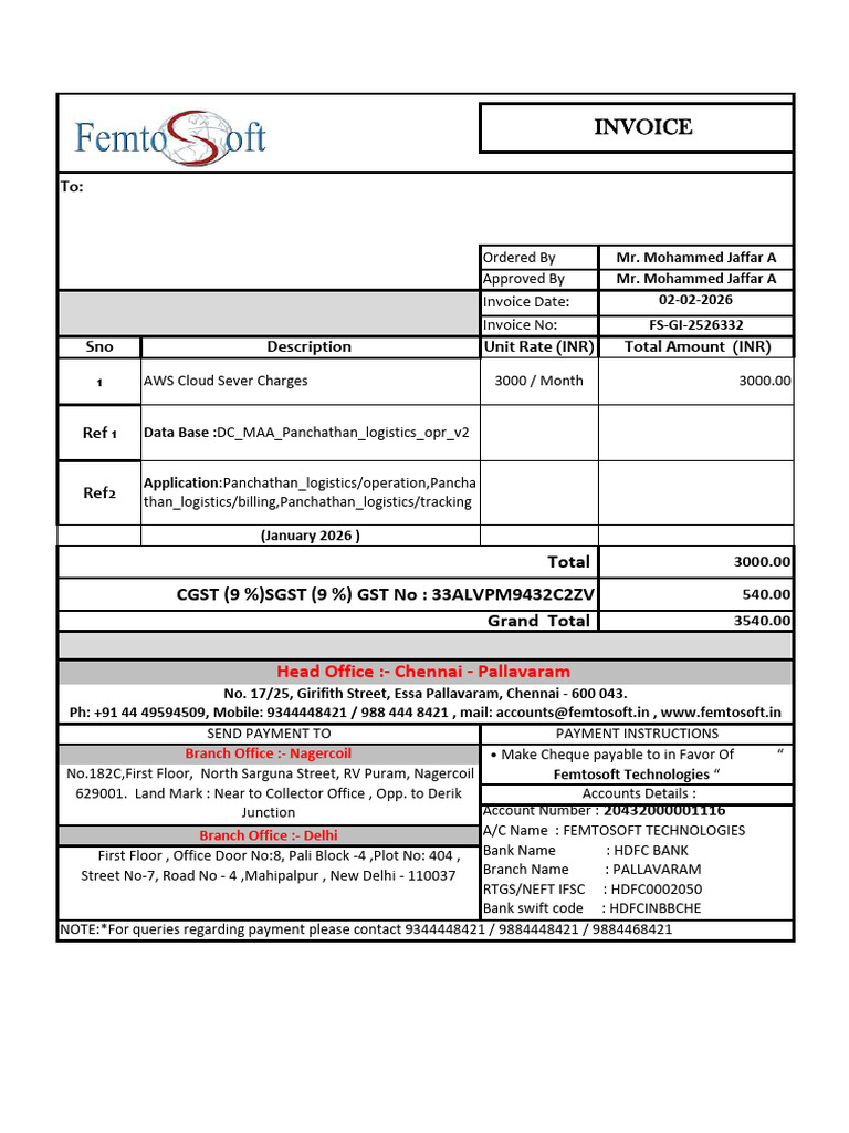 Cloudserver Invoice - Feb 26 - PANCHATHAN LOGISTICS - MAA | PDF | Payments