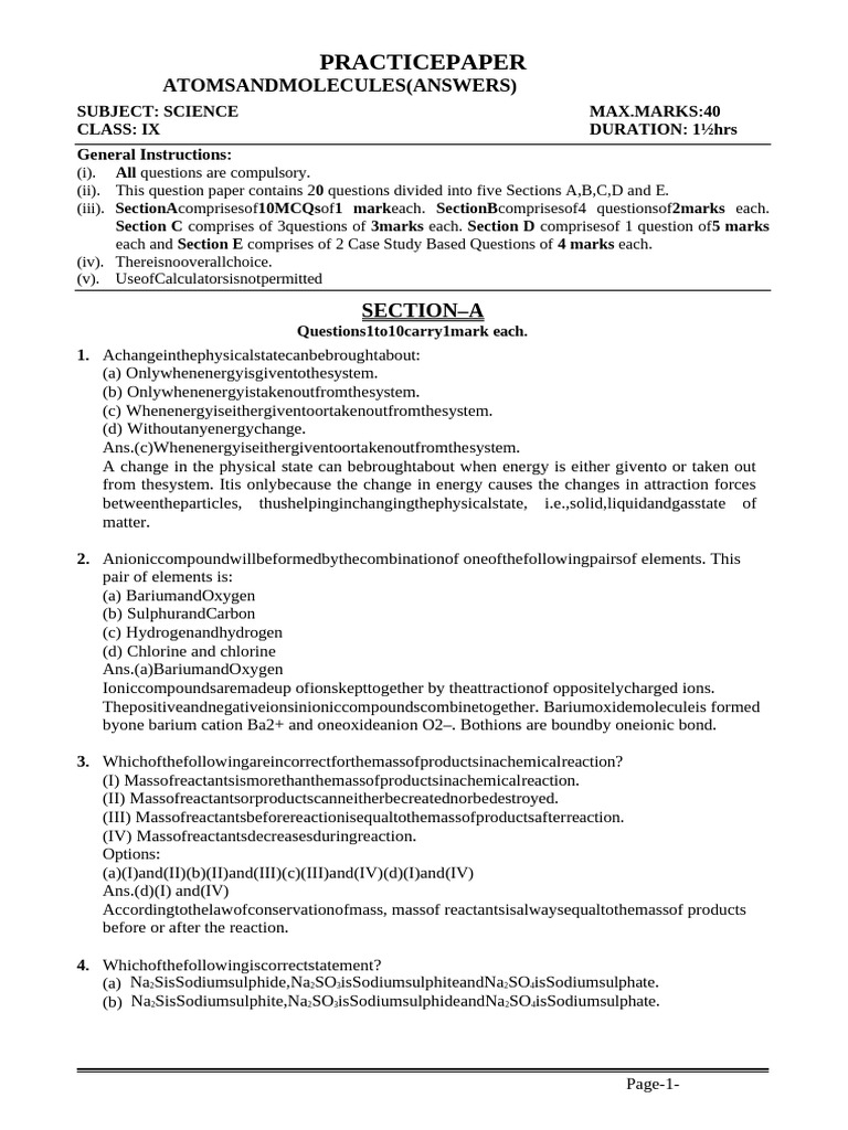 Atoms and Molecules Practice Answers | PDF | Molecules | Mole (Unit)