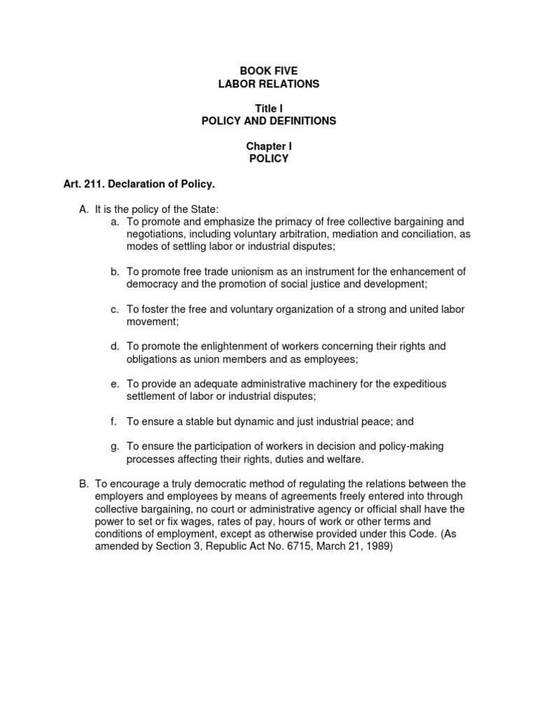 Book Five Labor Relations Title I Policy and Definitions Policy Art ...