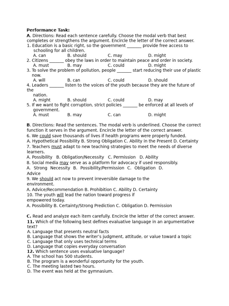 Performance Task on Language Feature of Argumentative Text(1) | PDF