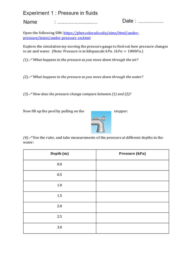 Experiment 1 - Pressure in Fluids | PDF | Pressure | Pascal (Unit)