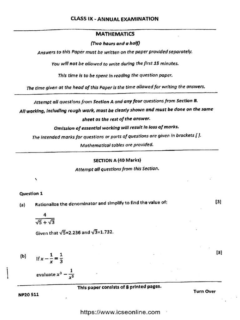 Icse Class 9 Mathematics Np20 511 2020 Merge | PDF | Area | Triangle