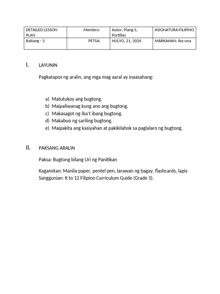 Detailed Bugtong Bugtong Lesson Plan For Grade 3 | PDF