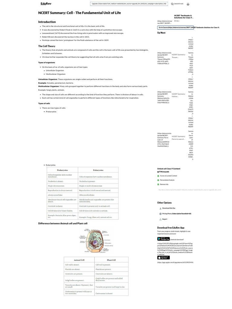 NCERT Summary - Cell - The Fundamental Unit of Life - Notes | PDF ...