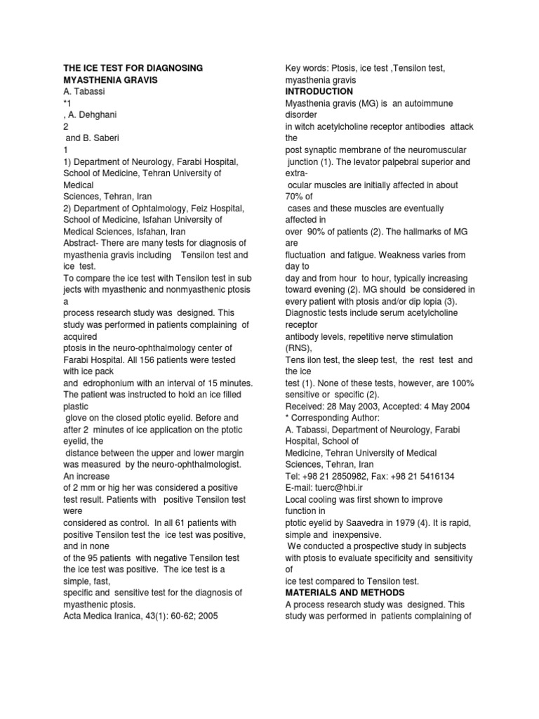 The Ice Test For Diagnosing Myasthenia Gravis | PDF | Sensitivity And ...
