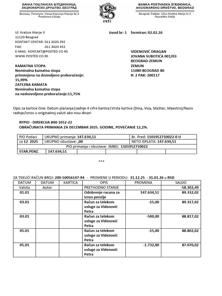 Izvod Januar 2026 | PDF