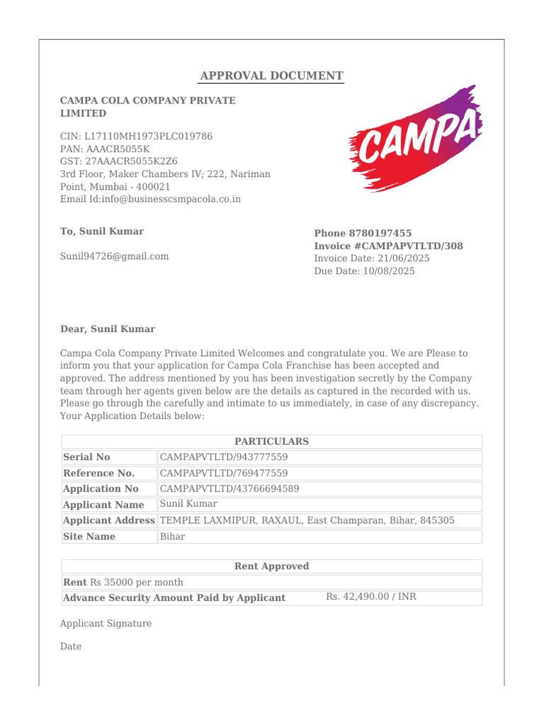 Approval Letter of Sunil Kumar 2025 | PDF | Payments