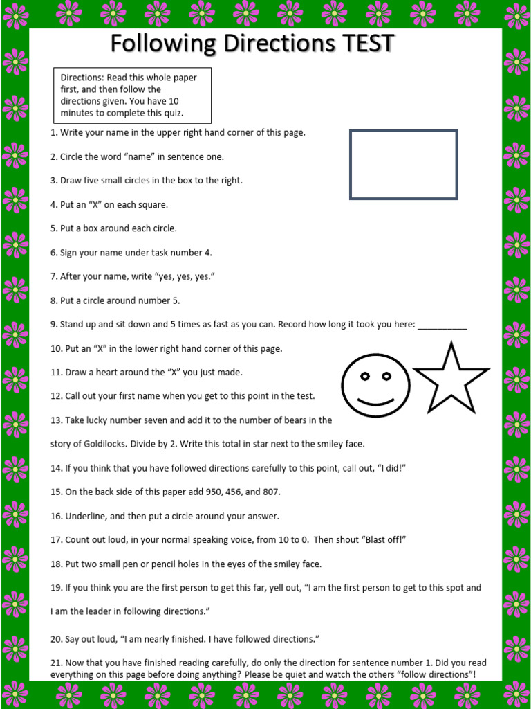 Following Directions Test a Tricky Following Directions Lesson | PDF