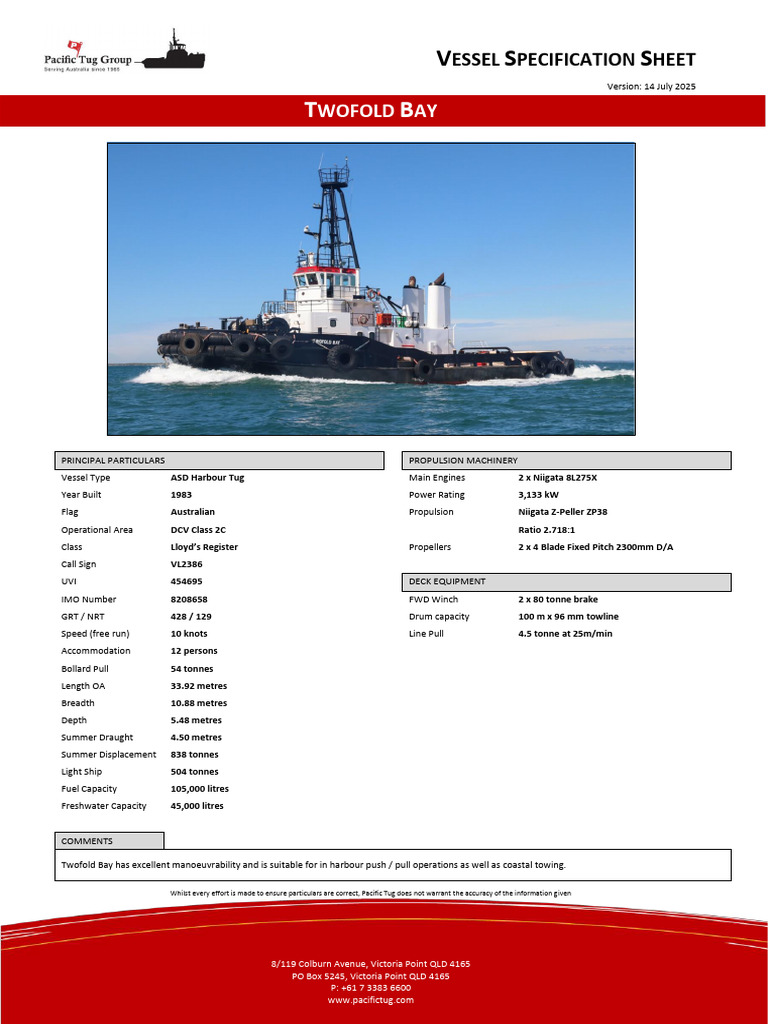 Spec Sheet Twofold Bay | PDF | Tugboat | Shipping