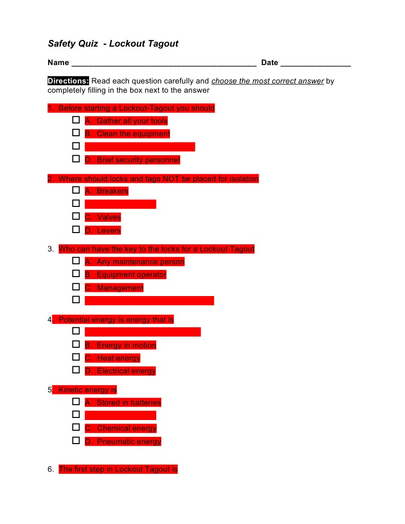 Lockout Tagout Safety Quiz | PDF | Manufactured Goods | Mechanical ...