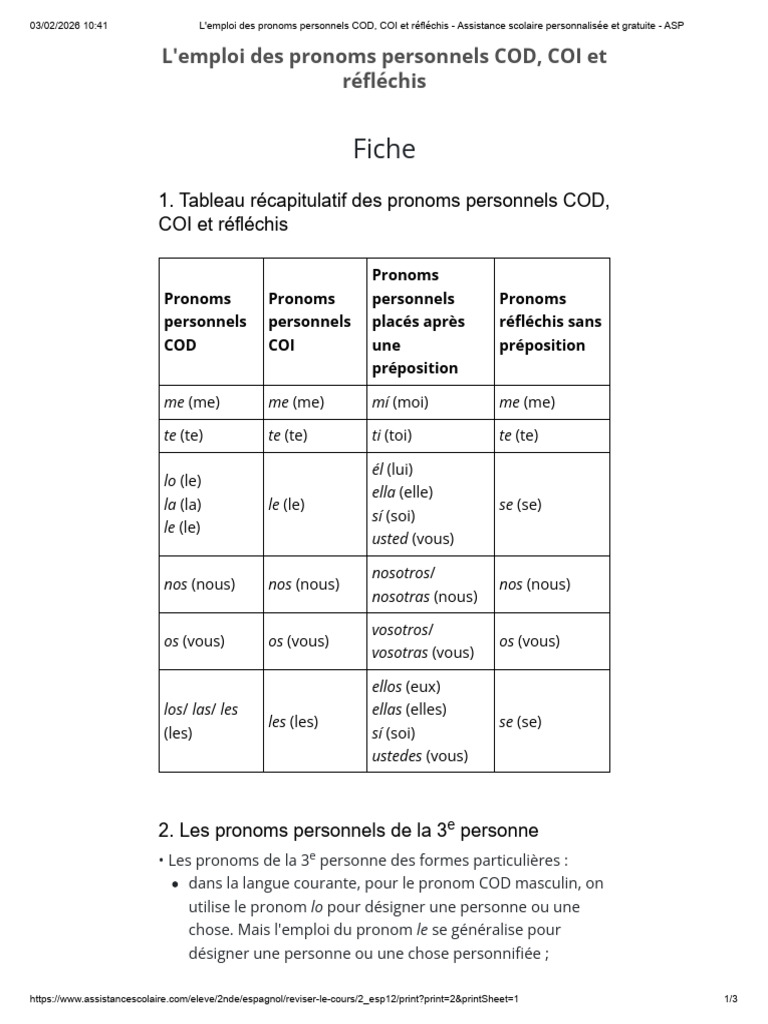 L'emploi Des Pronoms Personnels COD, COI Et Réfléchis - Assistance ...