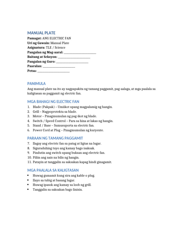 Manual Plate Ang Electric Fan-2 | PDF